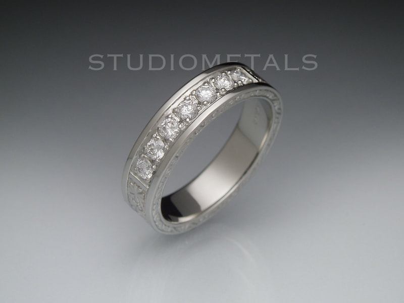 Hand Engraved Clover Wedding Band with Pave Set Diamonds - STUDIOMETALS